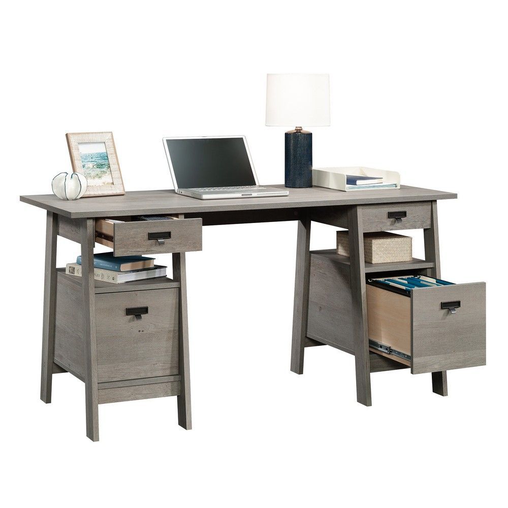 Sauder trestle executive desk in chalked chestnut store